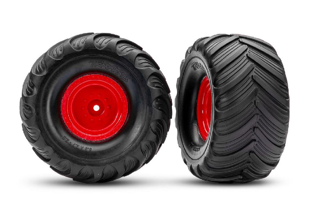 TRA3665-RED Traxxas Terra Groove Tires mounted on red wheels (2)(front